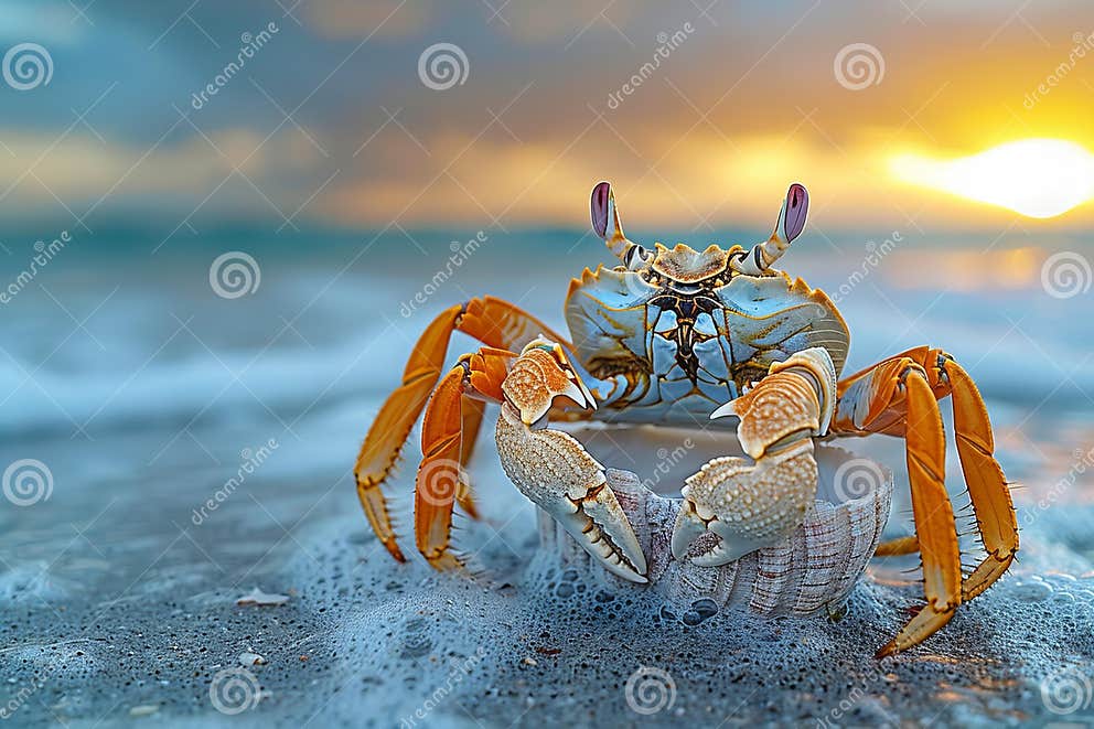 Illustration of Crab in an Open Shell on the Beach, High Quality, High ...