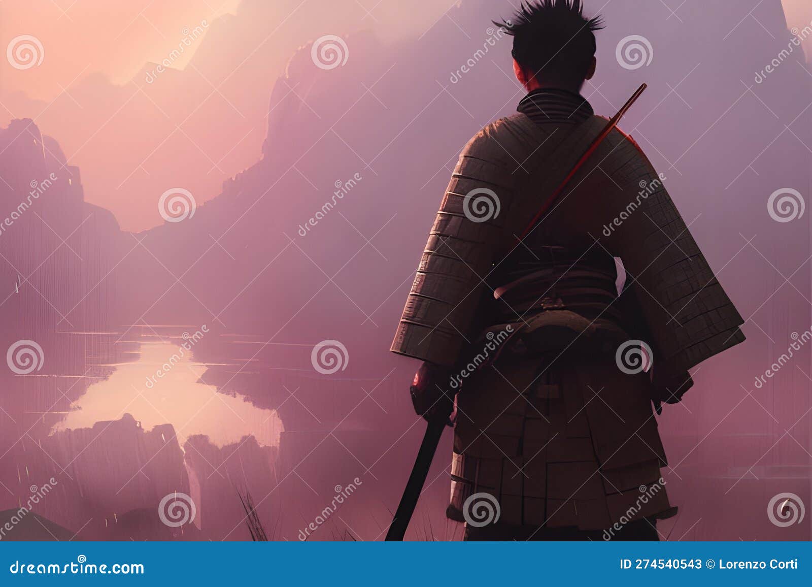 Samurai from behind stock illustration. Illustration of sunset - 274540543