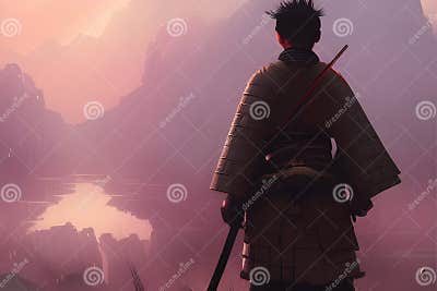 Samurai from behind stock illustration. Illustration of sunset - 274540543