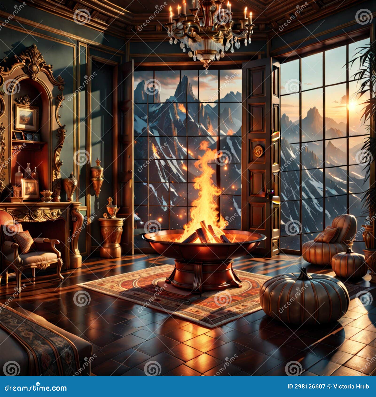 Illustration, Fire in the Center of the Room Stock Illustration ...