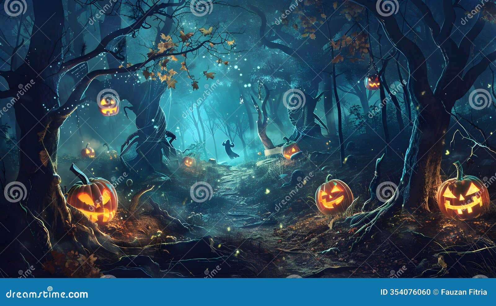Illustration of a Creepy Forest Path Lined with Carved Pumpkins and ...