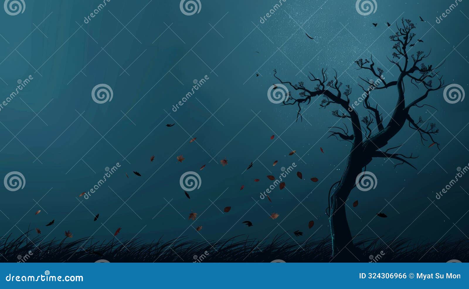 Illustration Of Night Creepy Tree With Falling Leaves At Night Stock ...