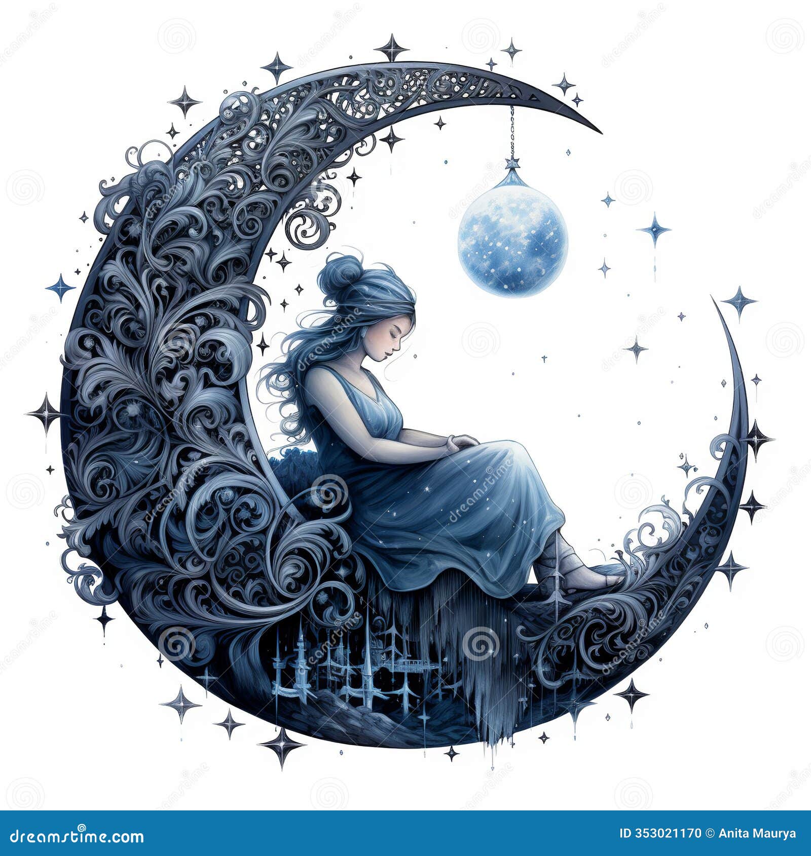 Illustration of Crescent Moon with a Little Moonma, Generative Ai Stock ...