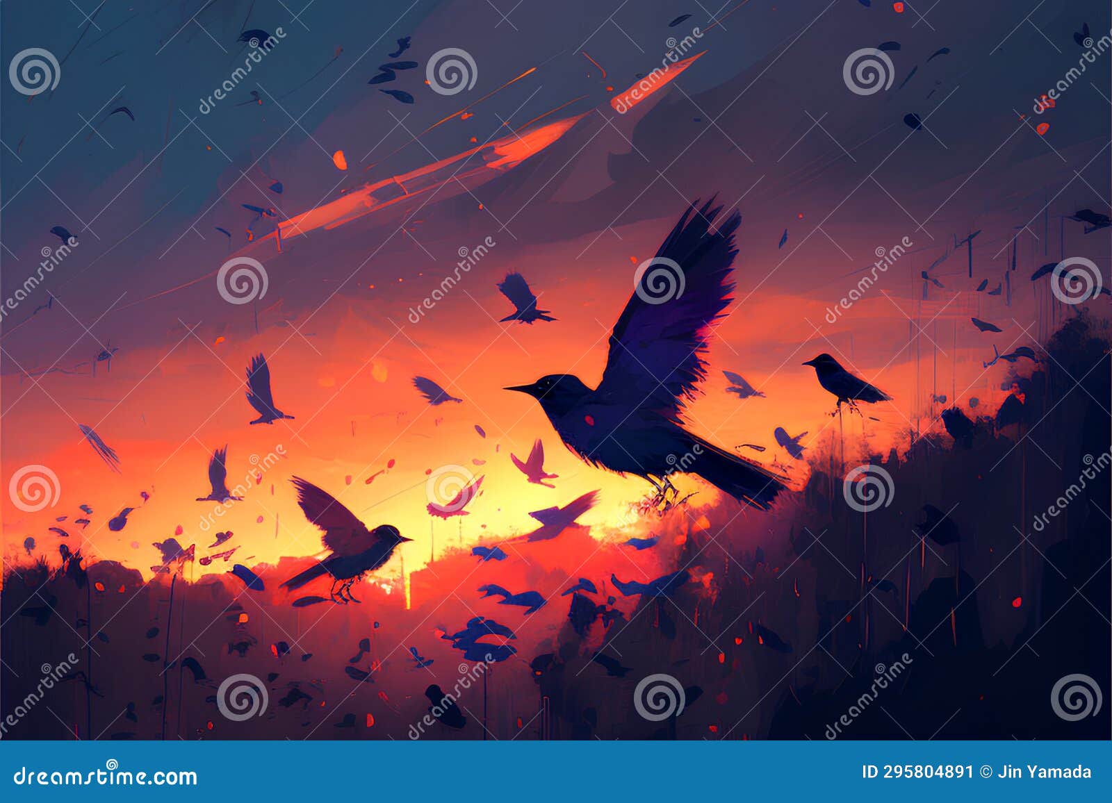 Illustration of a Crow on the Background of the Sunset and Birds Stock ...