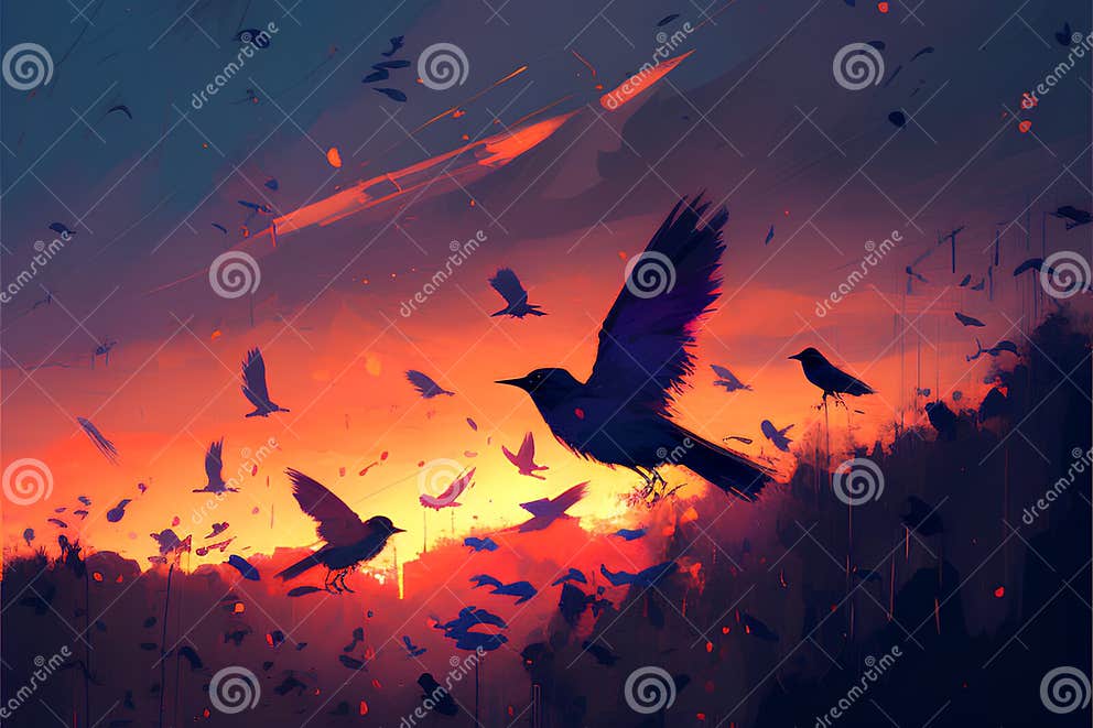 Illustration of a Crow on the Background of the Sunset and Birds Stock ...