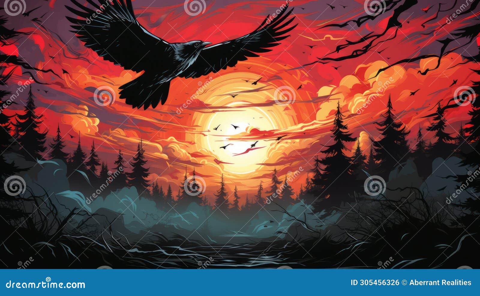 An Illustration of a Crow Flying Over a Forest at Sunset Stock ...