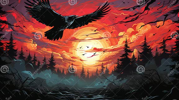 An Illustration of a Crow Flying Over a Forest at Sunset Stock ...