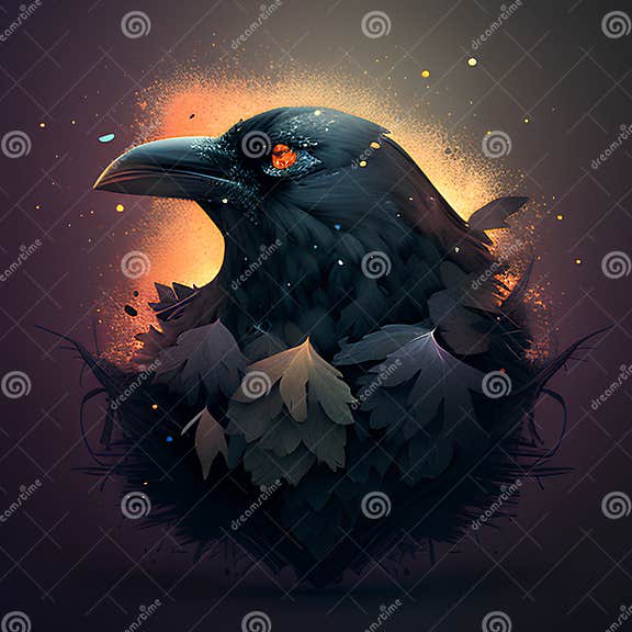 Illustration of a Crow with Leaves and Fire. 3d Rendering Stock ...