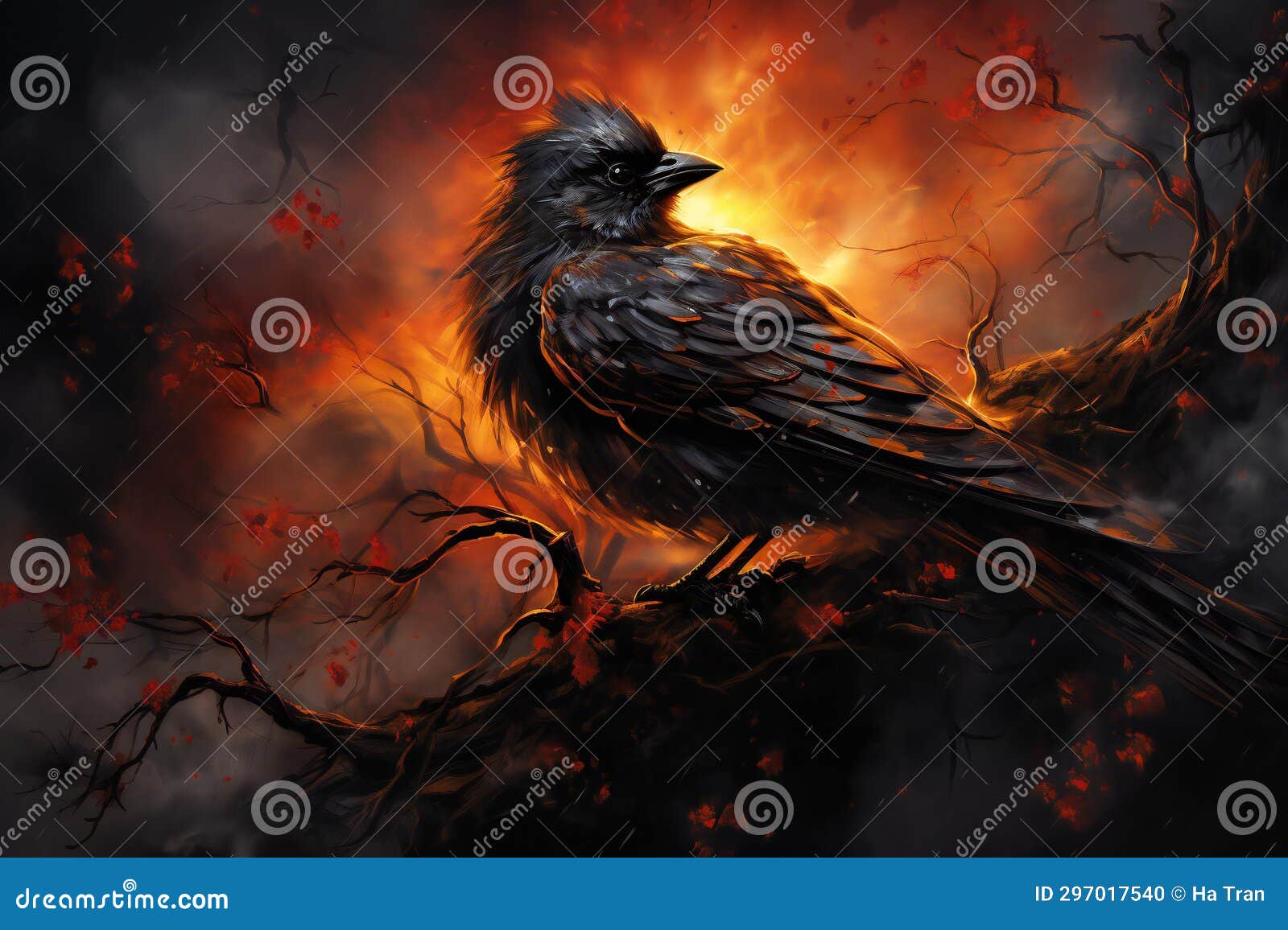 A Crow Sitting on a Branch in a Fire Stock Illustration - Illustration ...