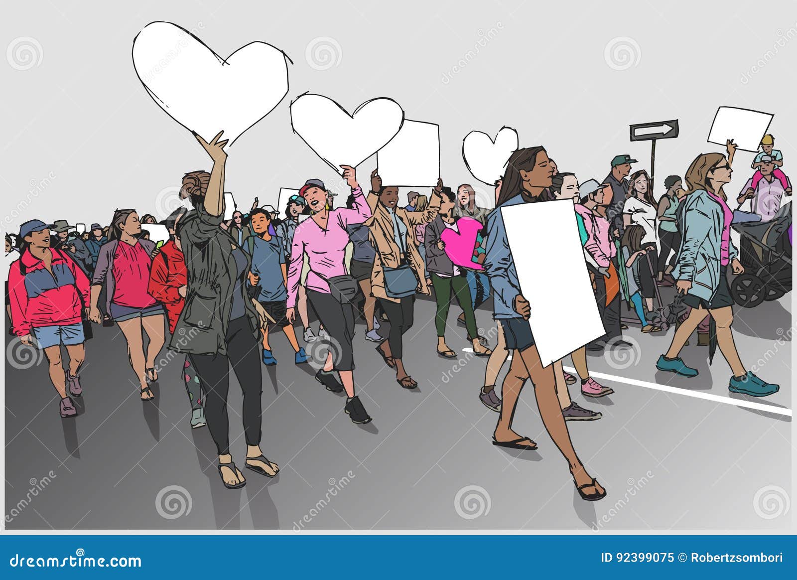 Illustration Of Crowd Marching And Demonstrating With Blank Signs And ...