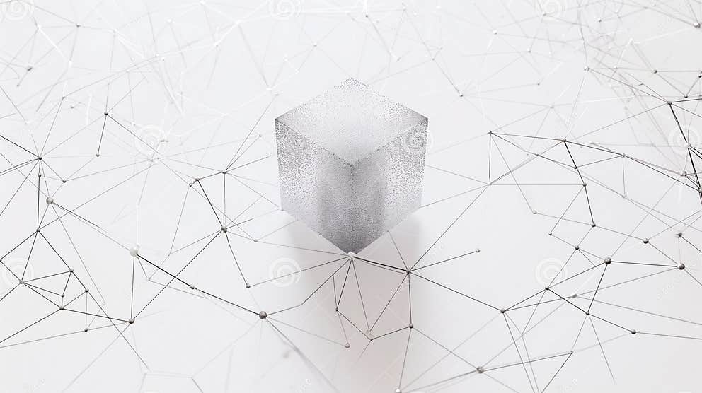 Cube in the Center of an Abstract Digital Network in White Background ...