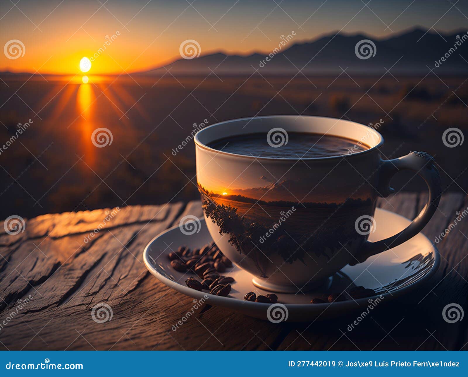 Cup of Coffee in Front of the Sunrise Stock Illustration - Illustration ...