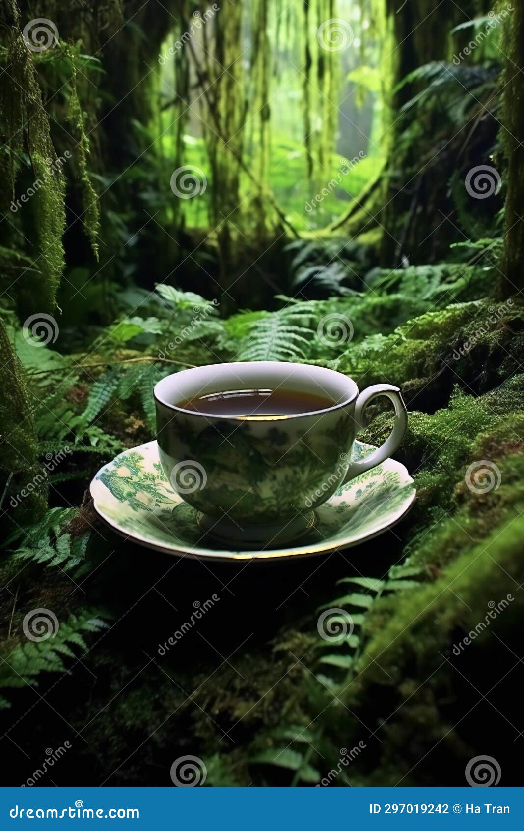 Cup of Tea in the Forest with Moss and Ferns Stock Illustration ...