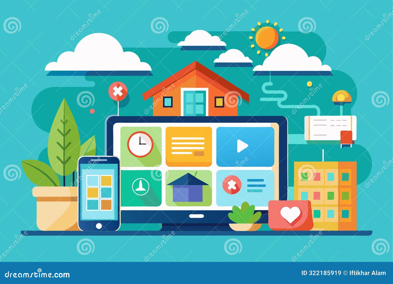 Illustration of a Customizable Home Screen with Icons and Graphics ...