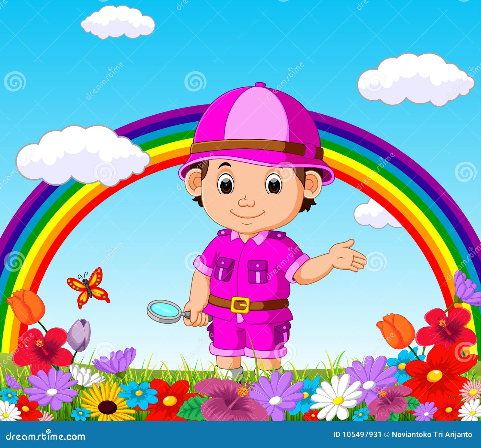 Cute Boy Holding Magnifying Glass in a Flower Garden with Rainbow Stock ... Cute Boy Holding Magnifying Glass in a Flower Garden with Rainbow Stock ...