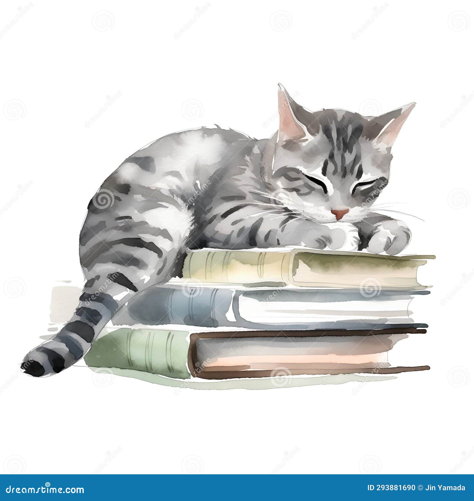 Illustration of a Cute Cat Lying on a Stack of Books. Stock Photo - Image of watercolor, style ...