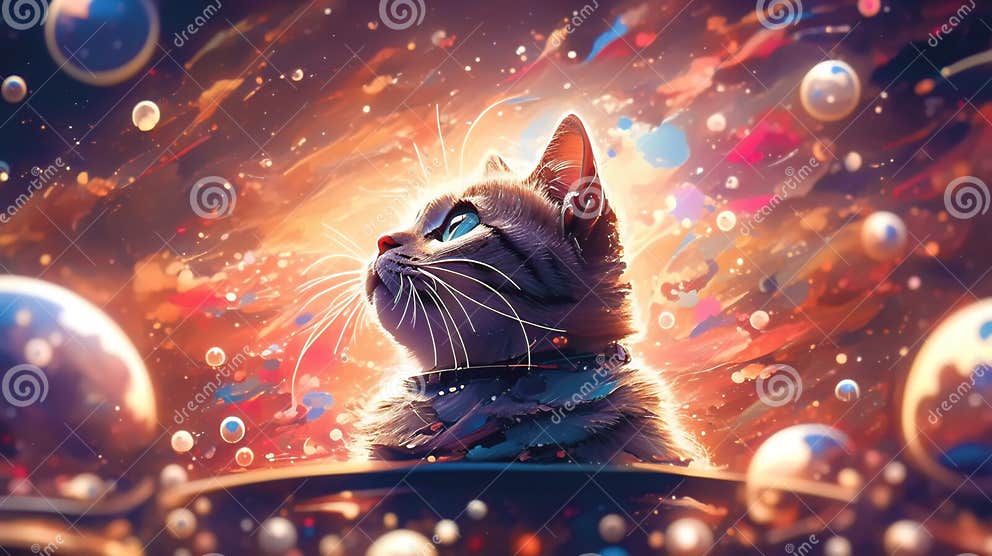A Cute Cat in the Outer Space of a Parallel World Stock Illustration ...