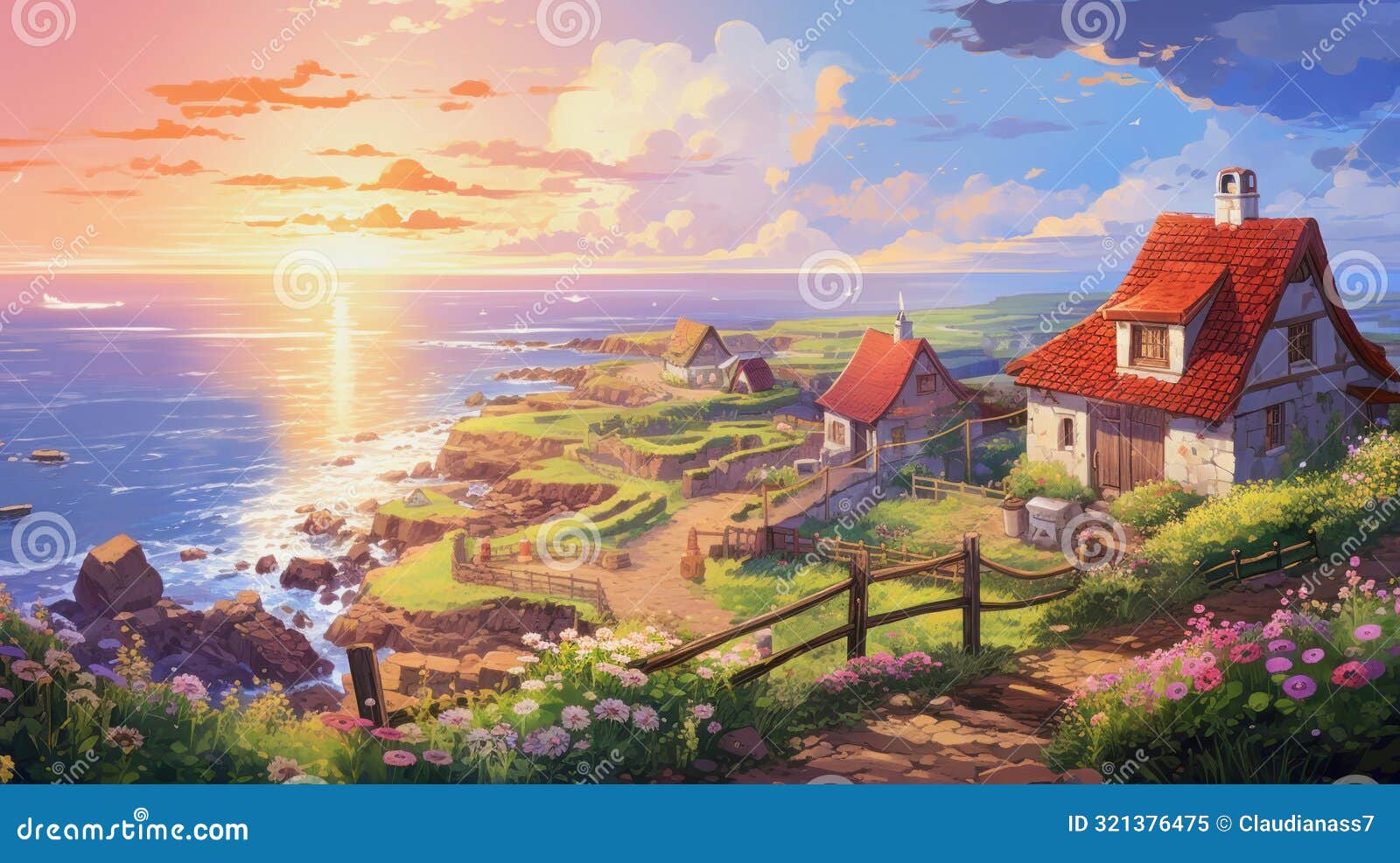 Illustration of a Cute Cliffside Village in Sunset, Anime Style Stock ...