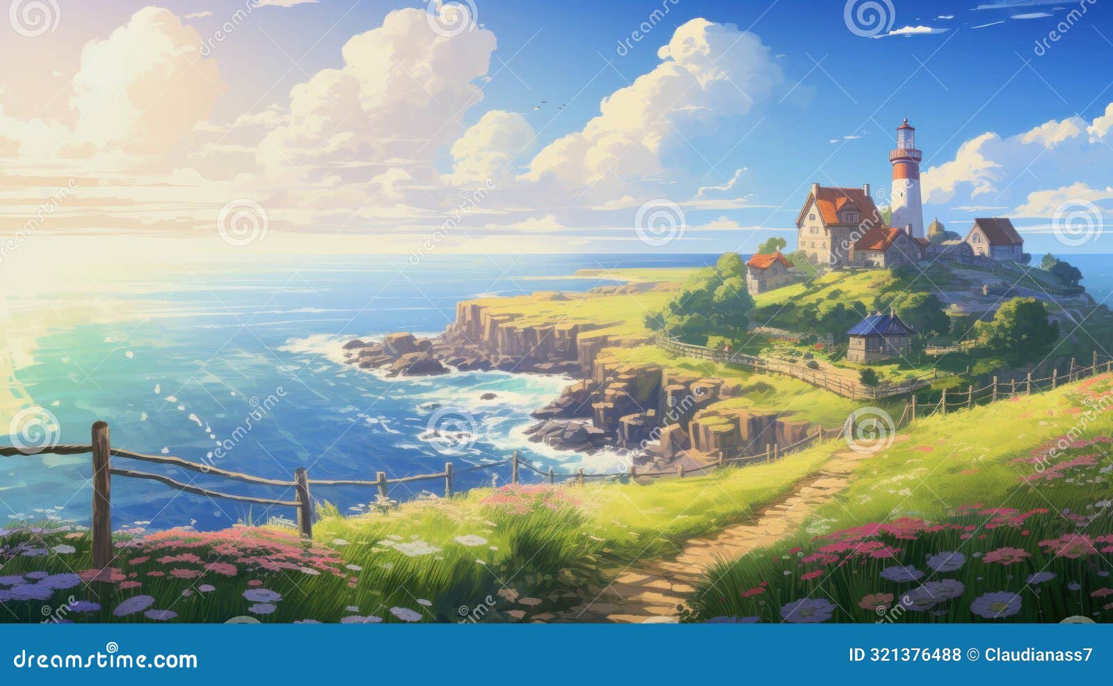 Illustration of a Cute Cliffside Village in Sunset, Anime Style Stock ...