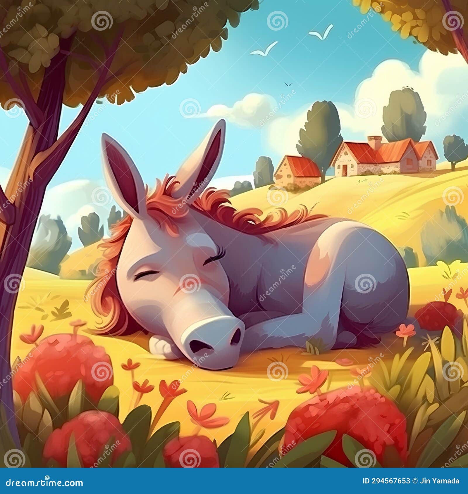Illustration of a Cute Donkey Sleeping in the Meadow with Flowers Stock ...