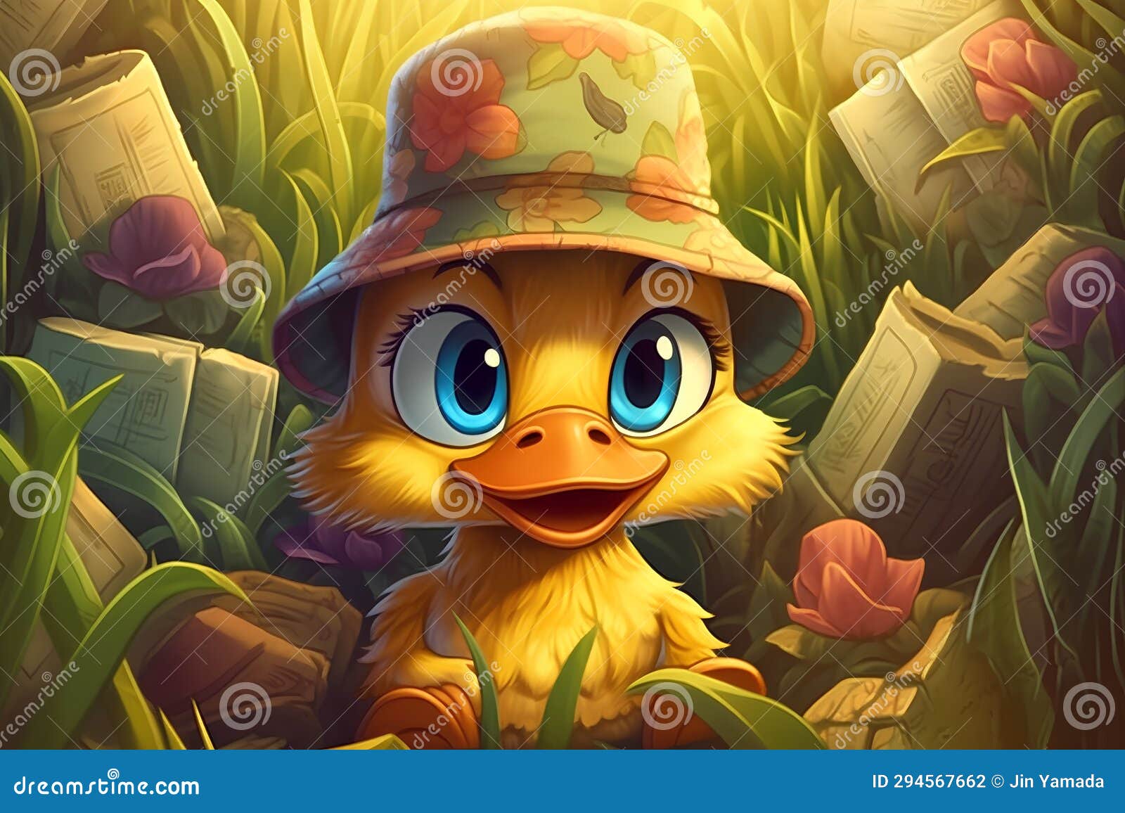 Illustration of a Cute Duck in a Hat Sitting in the Grass Stock ...