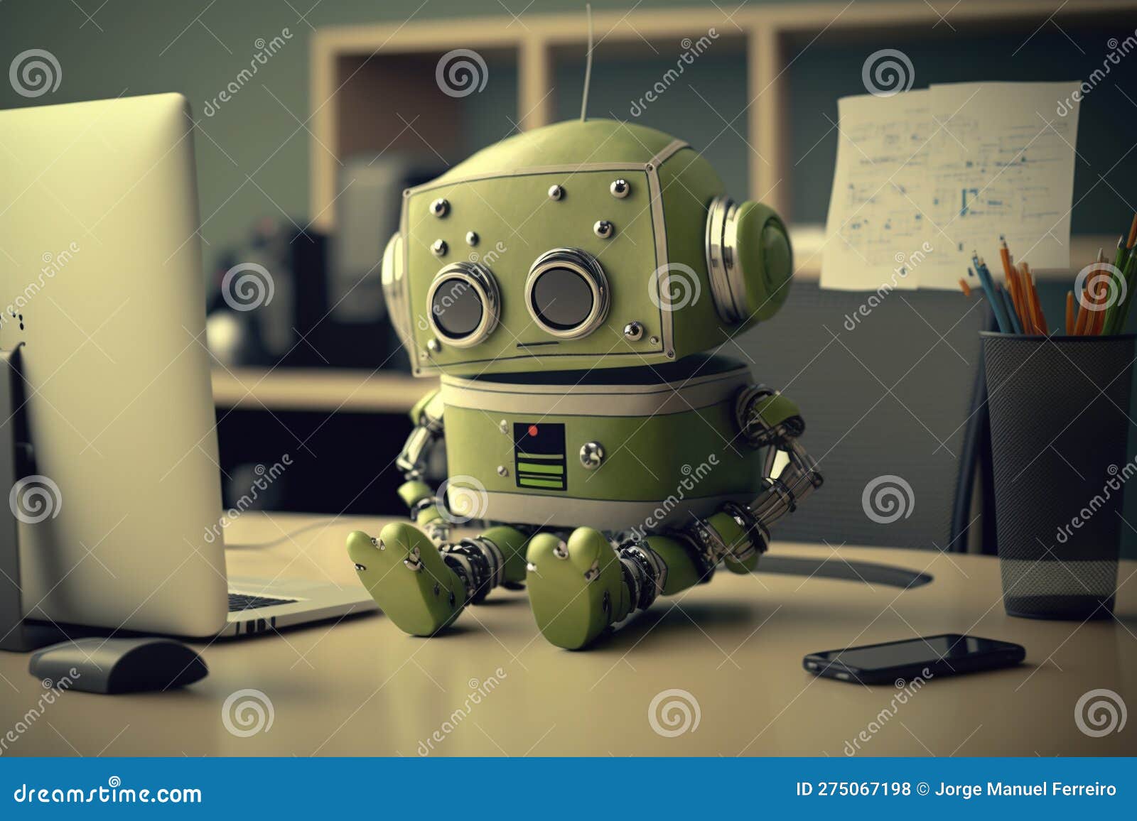 Illustration, Cute Humanoid Working on a Laptop, Ai Generative Stock ...