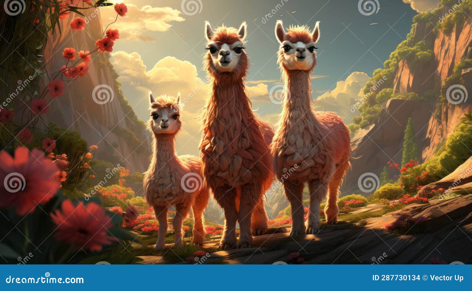 Illustration of Cute Llama Family in Forest. Generative AI. Stock ...