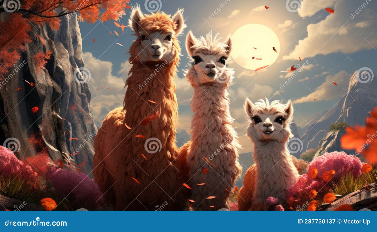 Illustration of Cute Llama Family in Forest. Generative AI. Stock ...