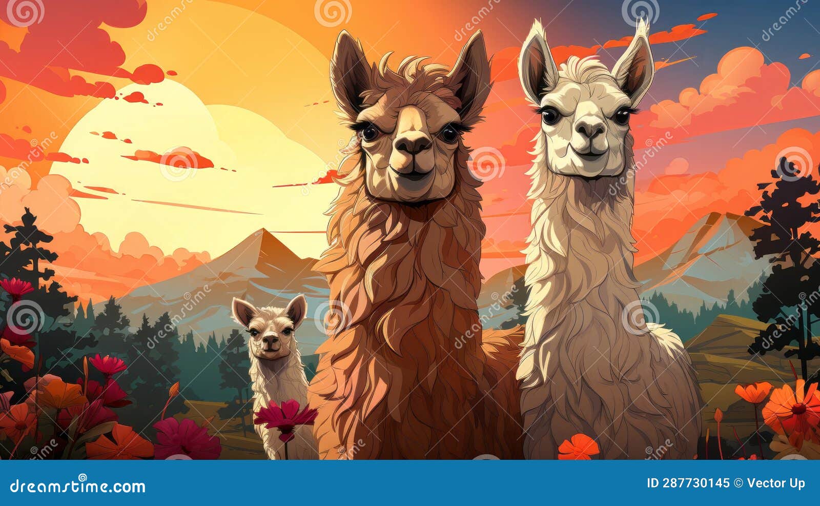 Illustration of Cute Llama Family in Forest. Generative AI. Stock Image ...