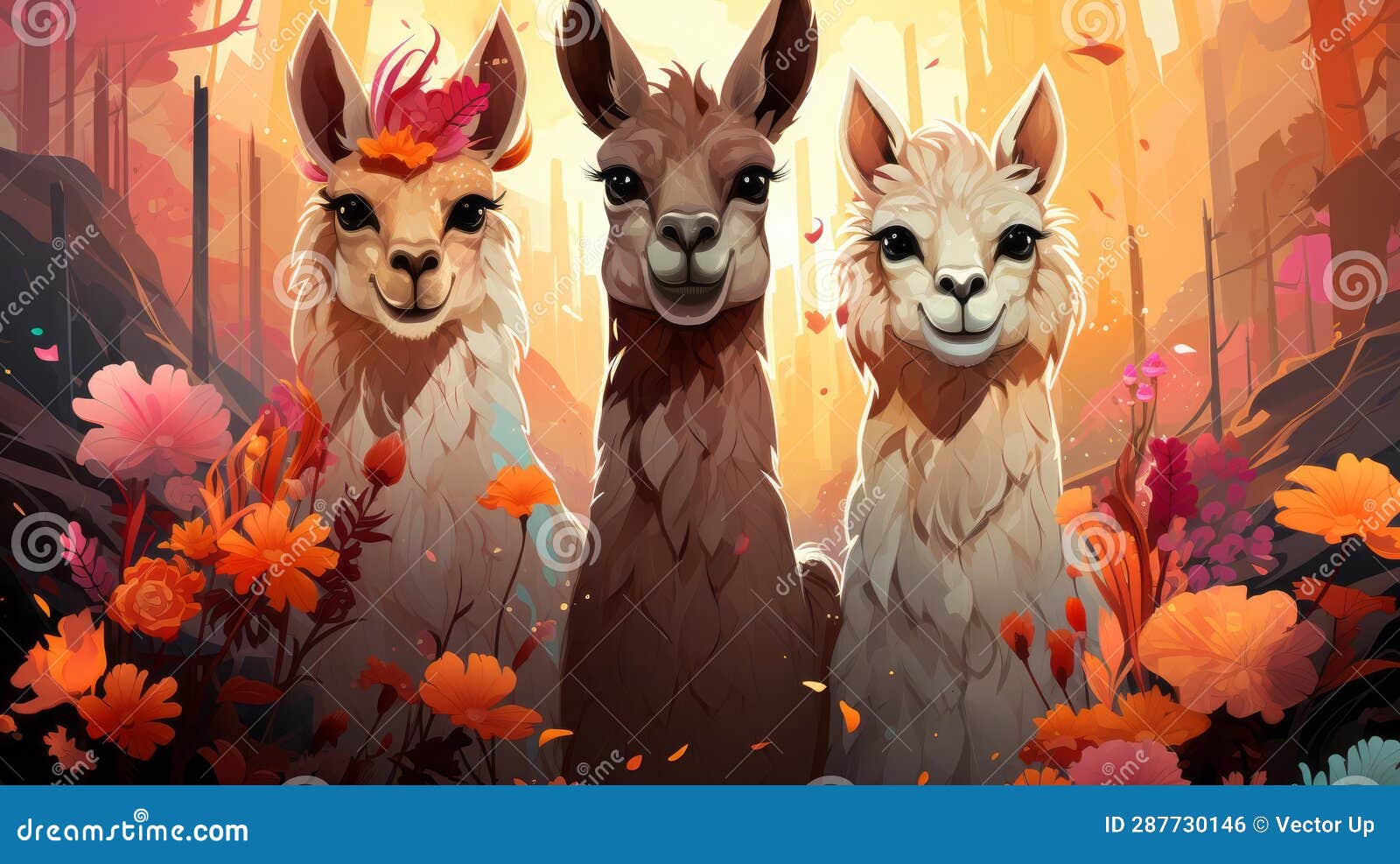 Illustration of Cute Llama Family in Forest. Generative AI. Stock Photo ...