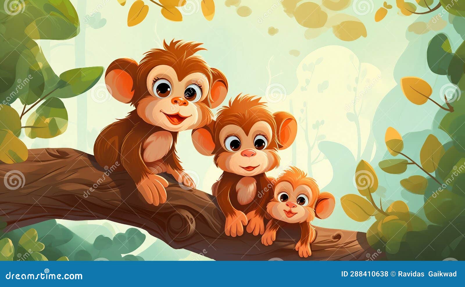 An Illustration of a Cute Monkey Family Sitting on a Tree Branch AI ...