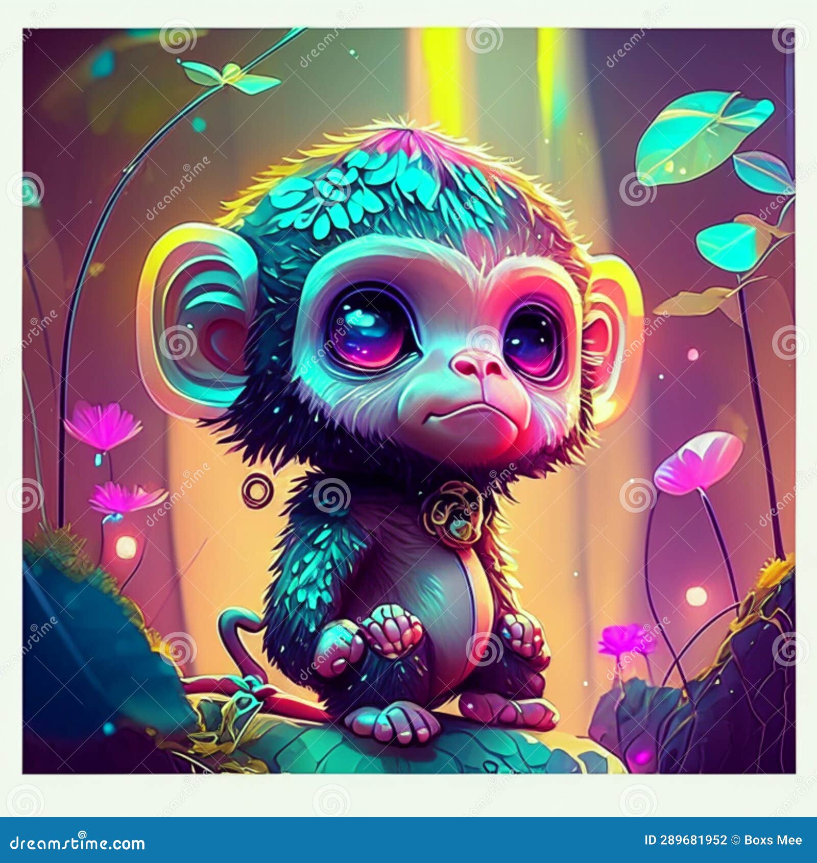 Illustration of a Cute Monkey in a Magic Forest on a Dark Background AI ...