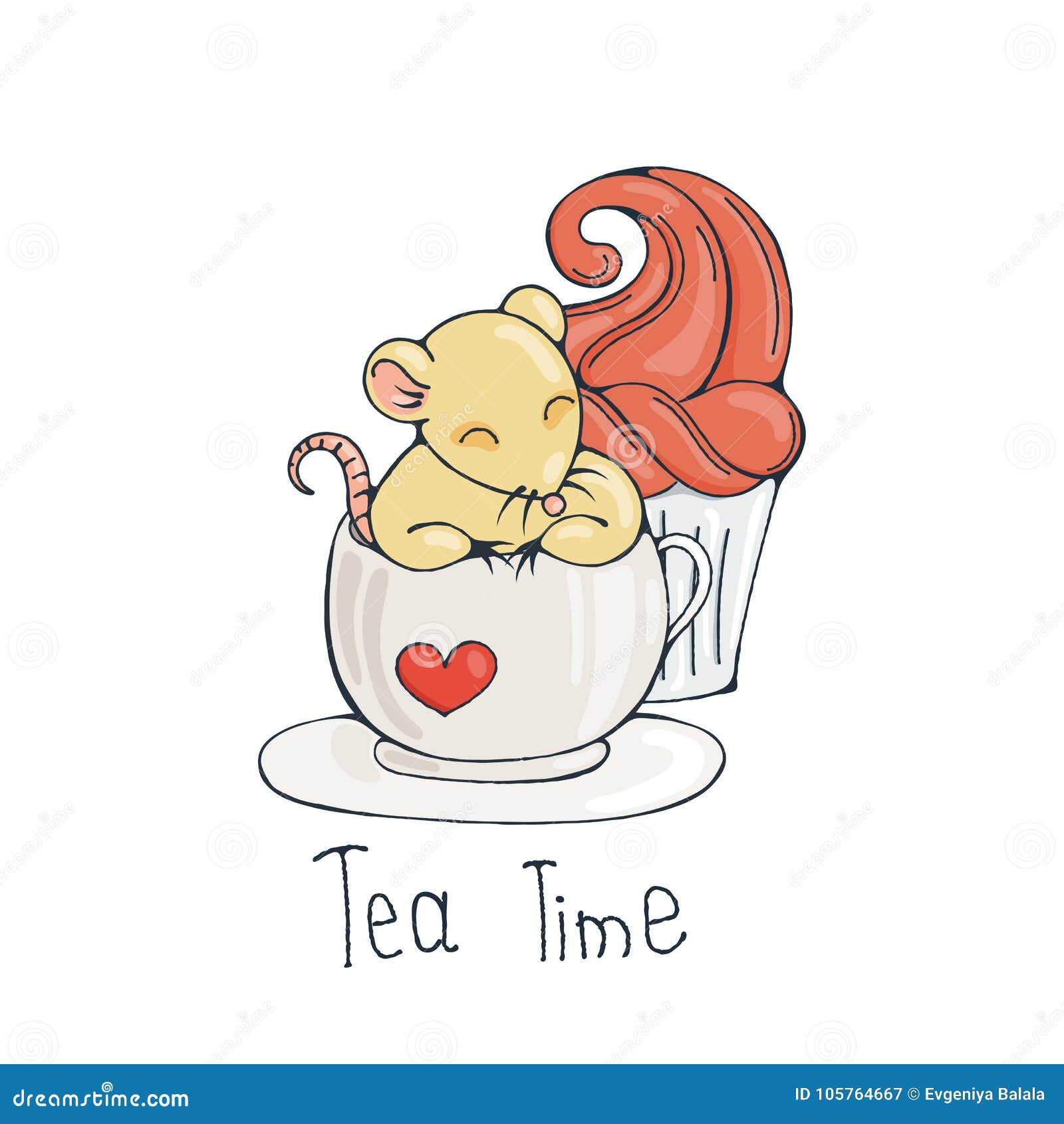 Illustration with Cute Rat in a Cup of Tea or Coffee with Cupcakes ...