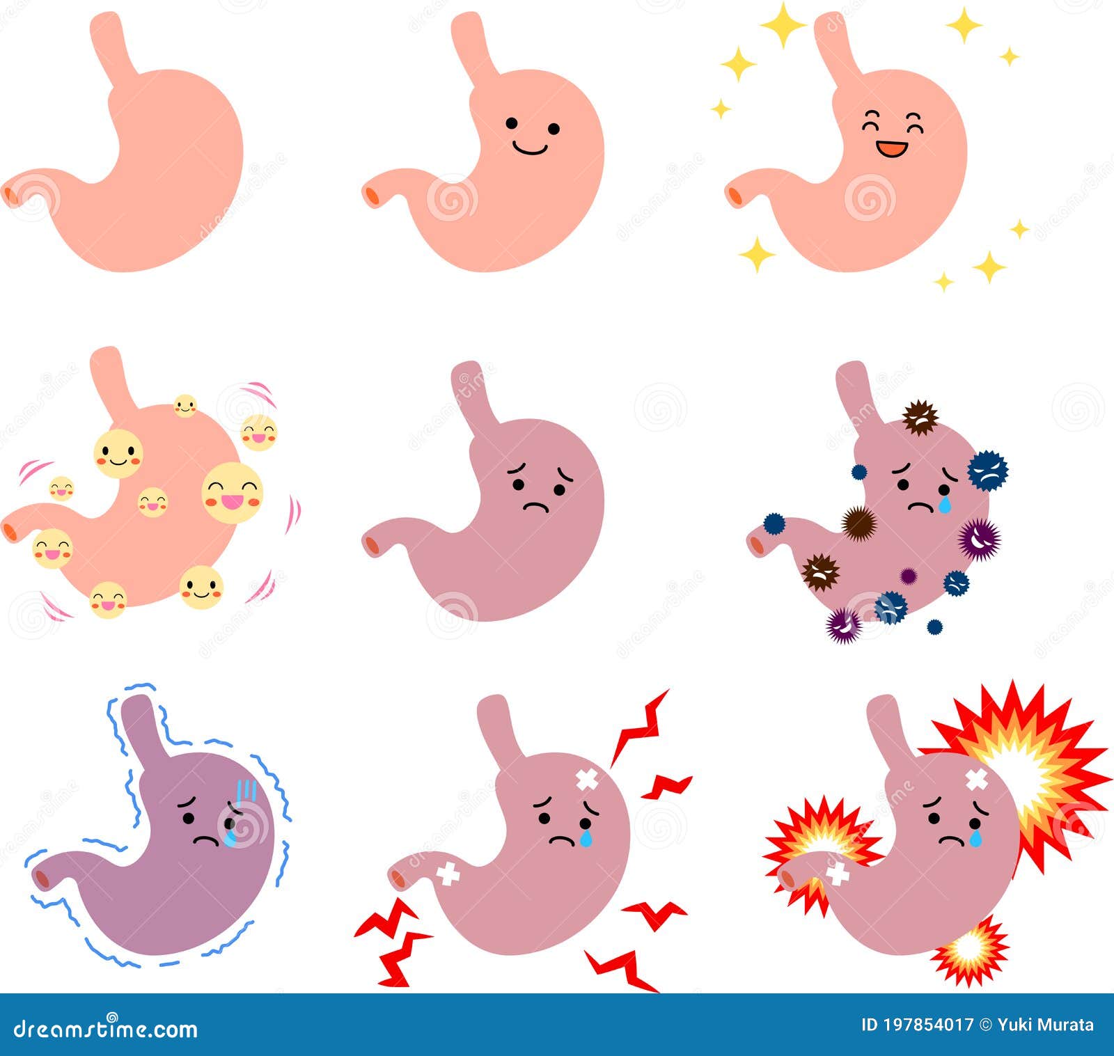 Cute Stomach Character With Different Emotions Cartoon Vector ...