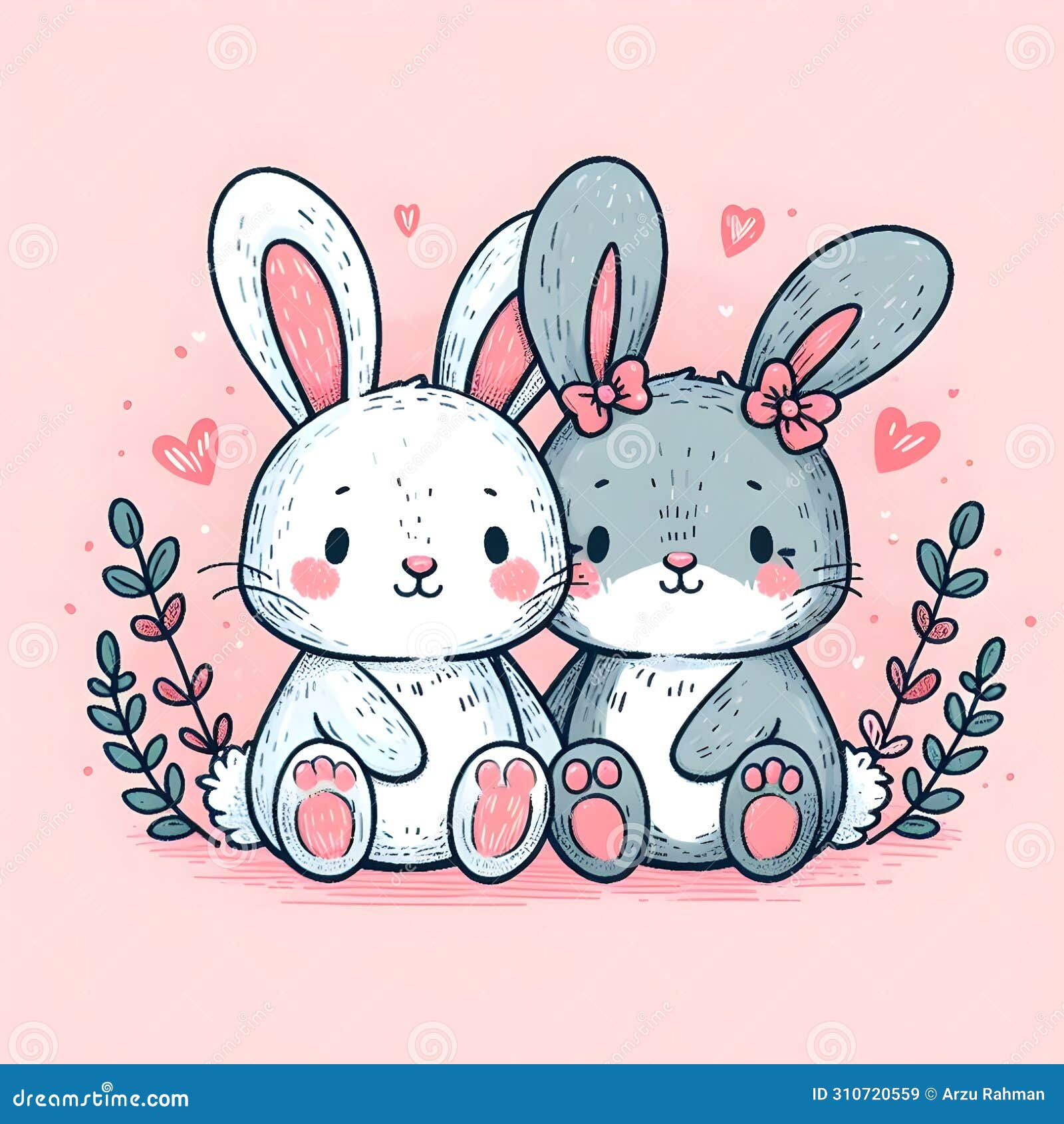Illustration with Cute Two Rabbits Stock Illustration - Illustration of ...