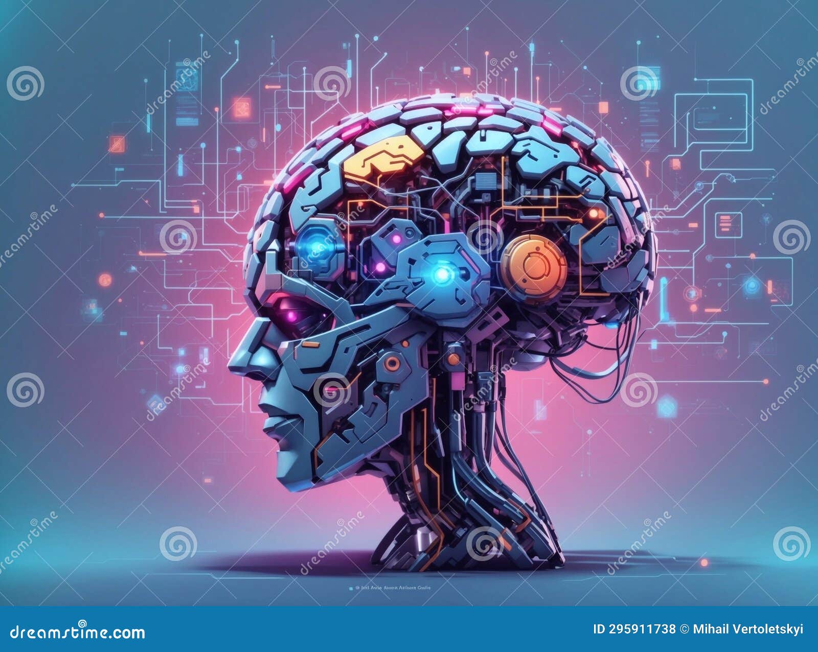 Illustration of a Cybernetic Brain with a Face in Profile of Artificial ...