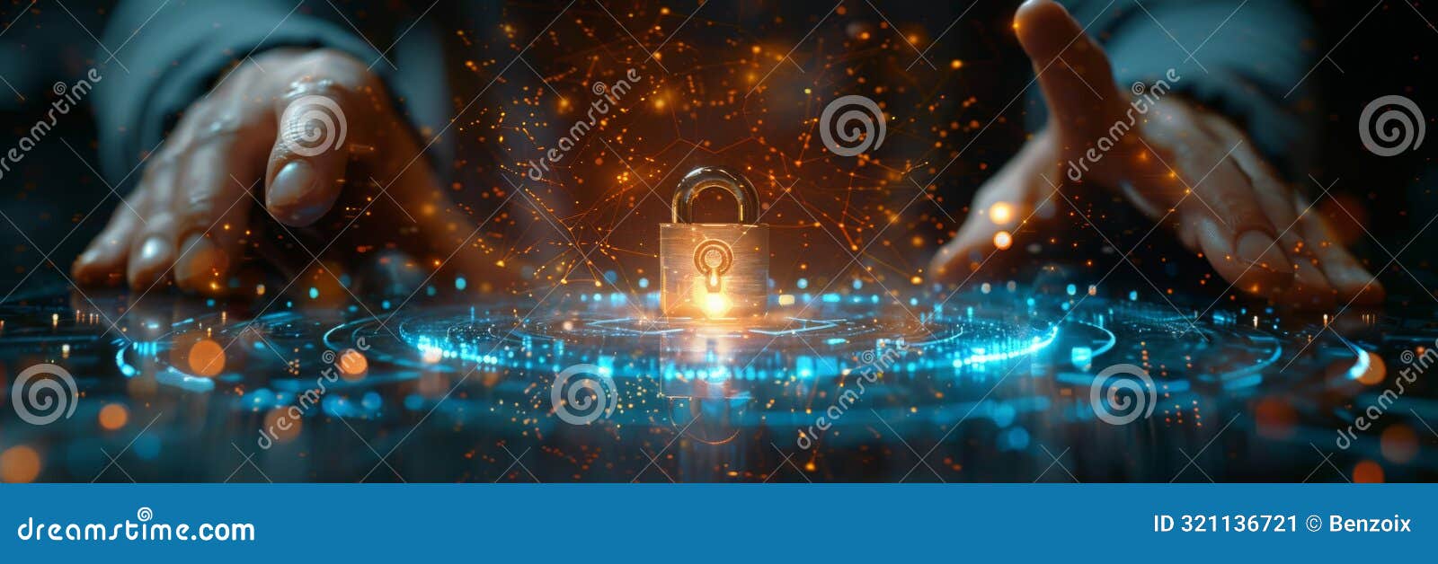 An Illustration of Cybersecurity with Hands Interacting with a Glowing Lock in a Digital ...