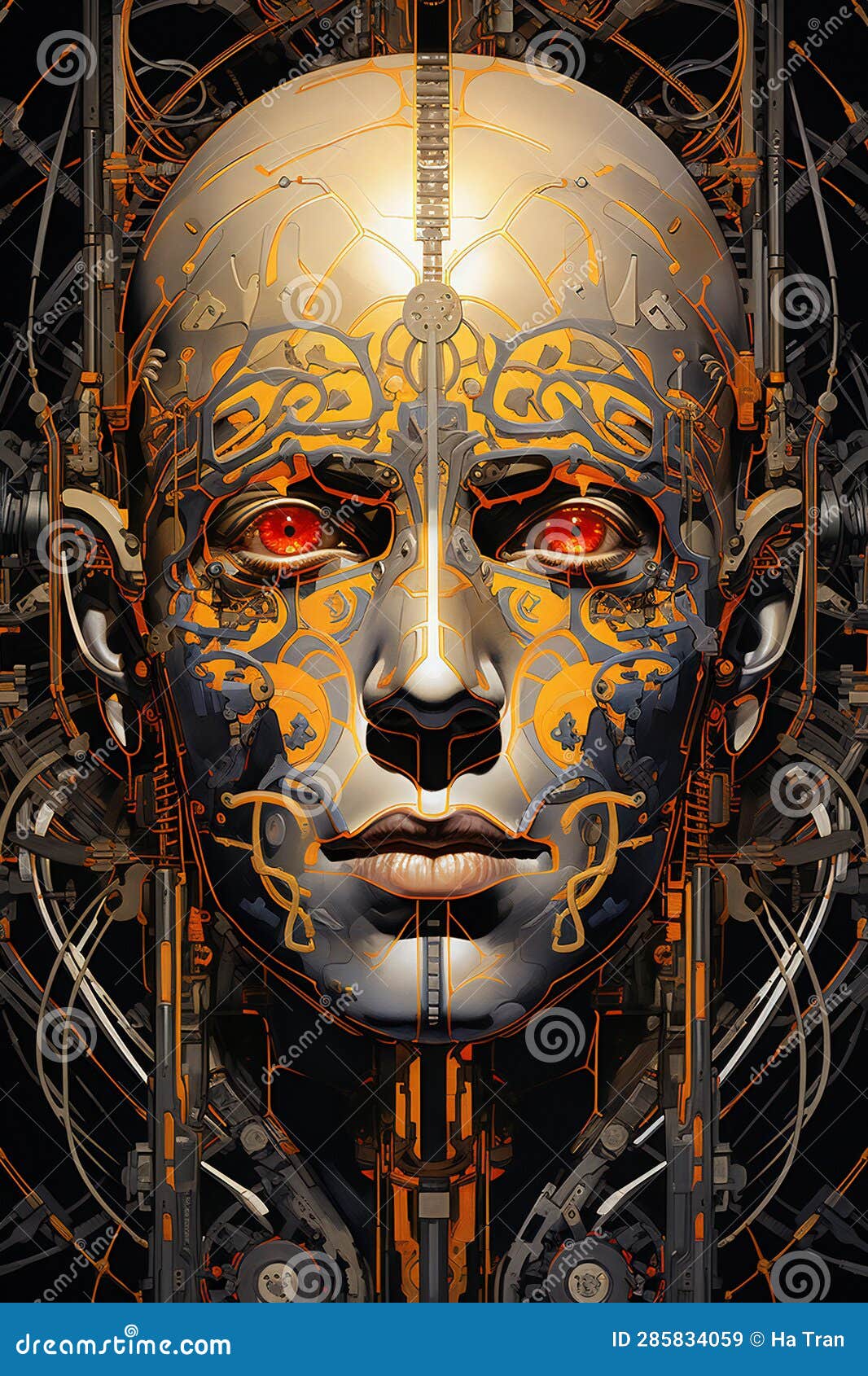 Illustration of a Cyborg Face in Futuristic Technology Background Stock ...