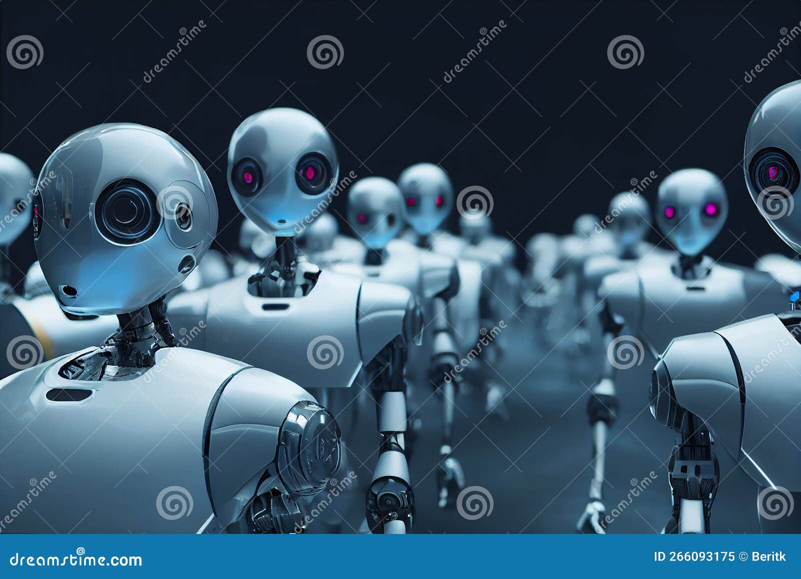 Group Of Humanoid Robots Working At Laptops In An Open Space Modern ...