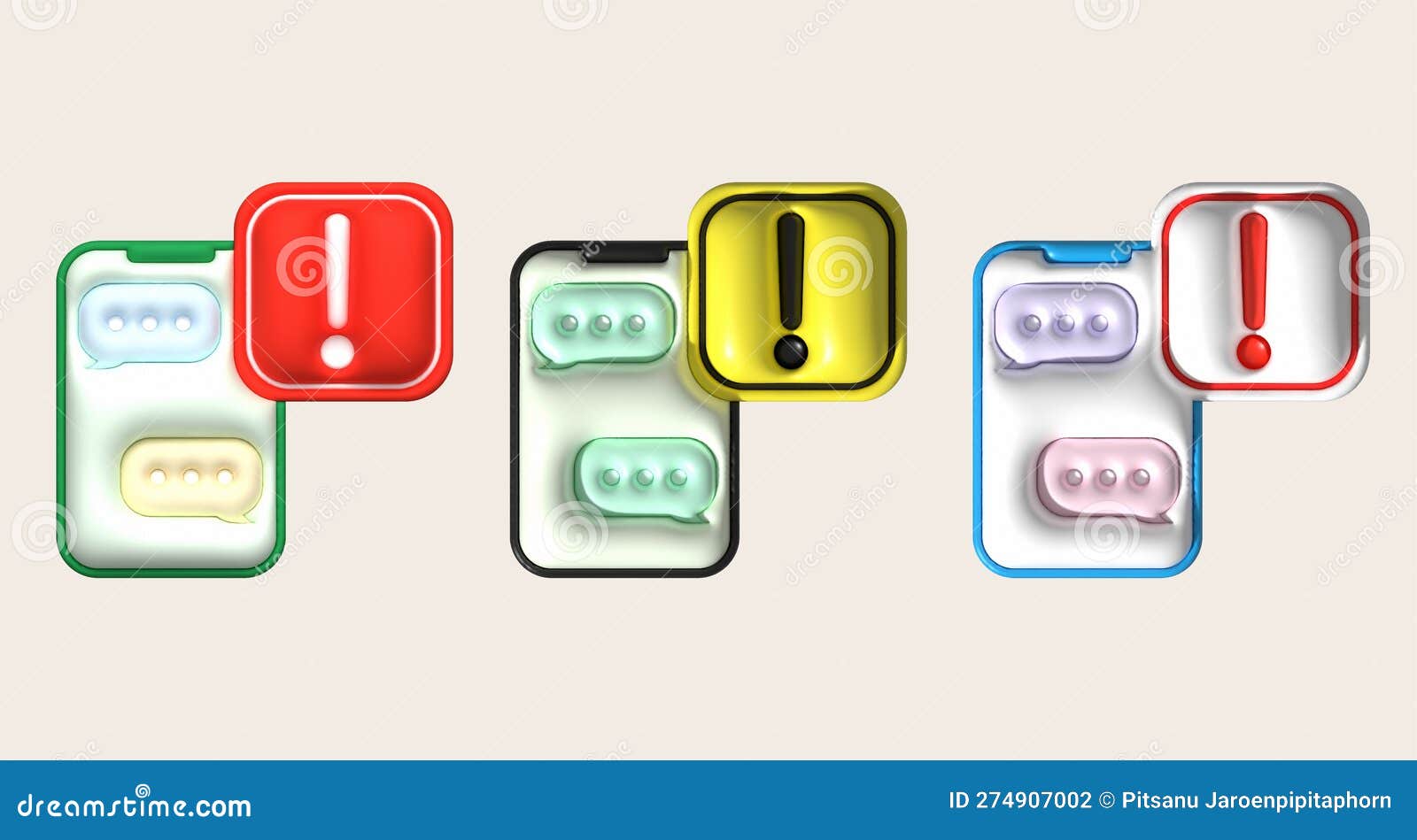 Illustration 3D , Cell Phone Chat Message with Caution Alert Symbol ...