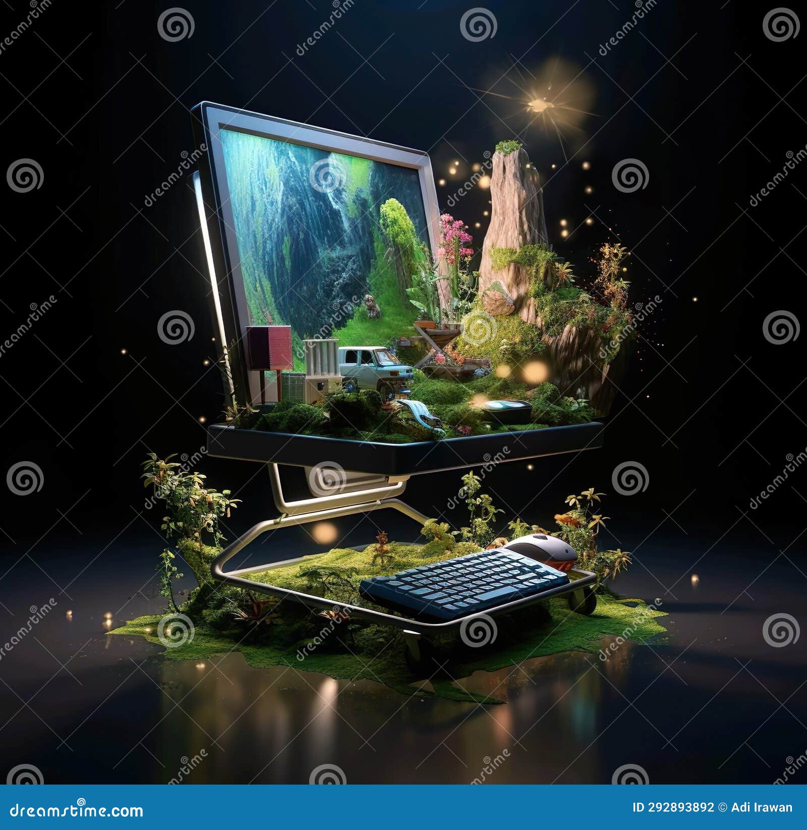Illustration 3d of Computers with Forest View Hologram Stock ...