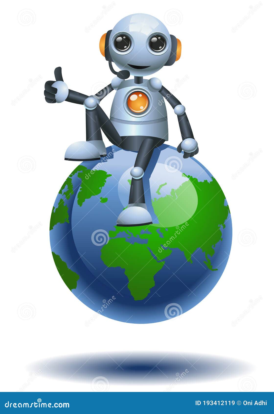 Illustration 3d of Little Robot Operator Sit on Earth Globe Stock ...