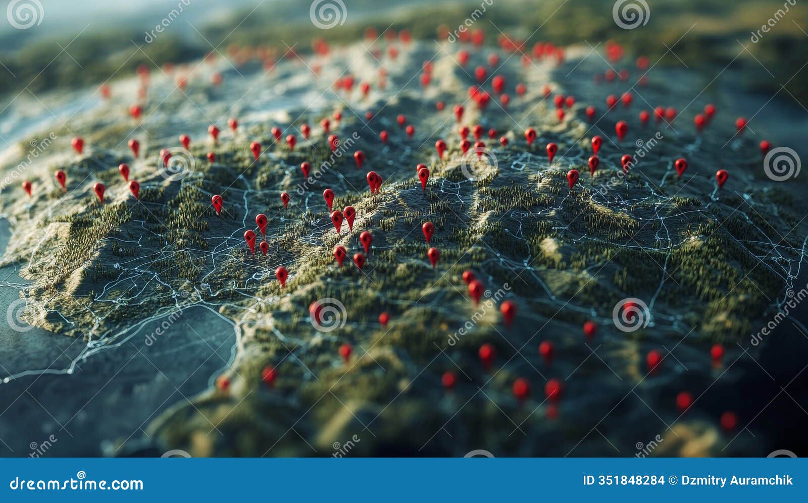 An Illustration of a 3D Map with Red Pins Indicating Locations and ...
