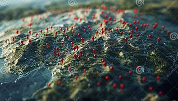 An Illustration of a 3D Map with Red Pins Indicating Locations and ...