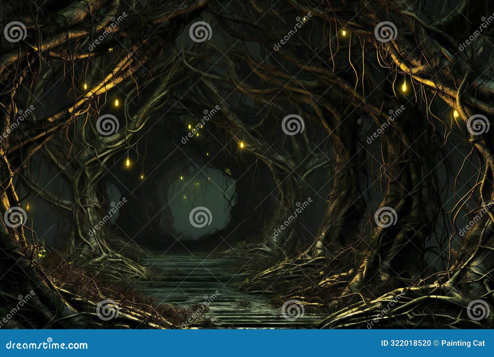A Dark Fantasy Forest with Tree Roots and Lights Stock Illustration ...