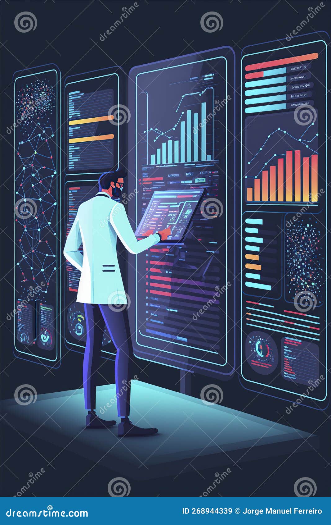 Illustration of Data Analyst on a Dashboard with Information Process ...