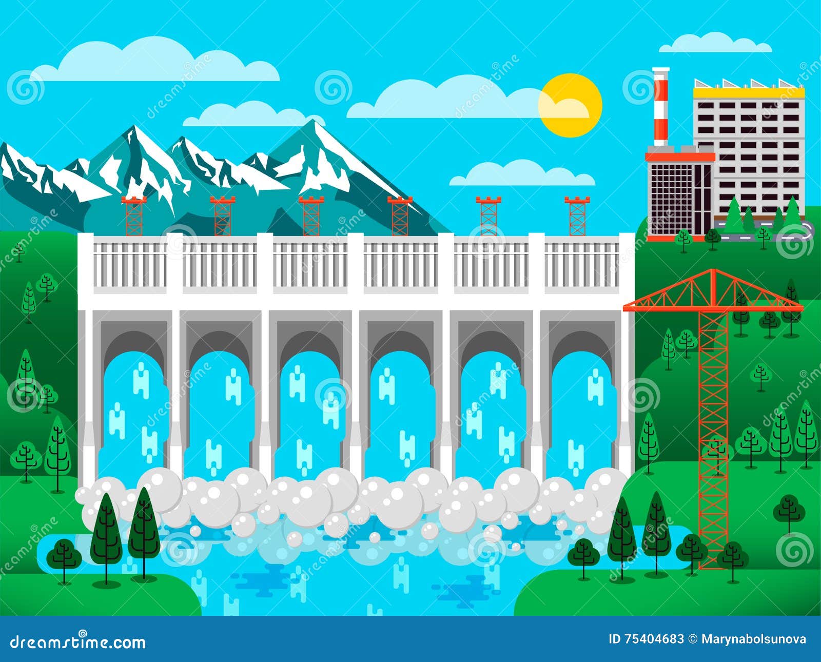 Illustration De Barrage De L'eau Parmi Les Collines Vertes Illustration ...