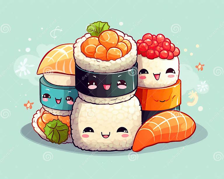 Illustration De Divers Sushis Sushi Mignon En Style Dessin Animé Avec Visages Et Sourires