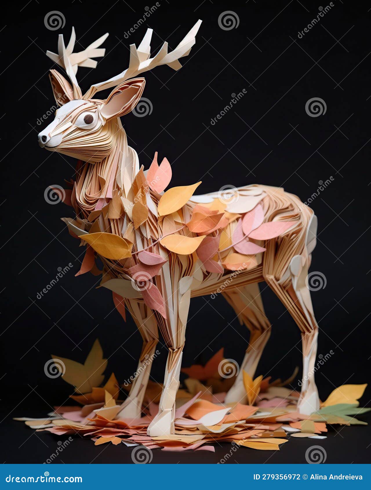 Illustration of a Deer Made from Pieces of Paper with Paper Leafs Stock ...