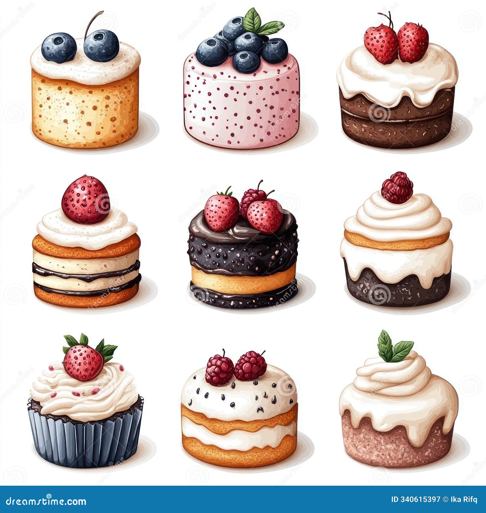 Illustration of 9 Delicious Cakes with Various Toppings Stock ...